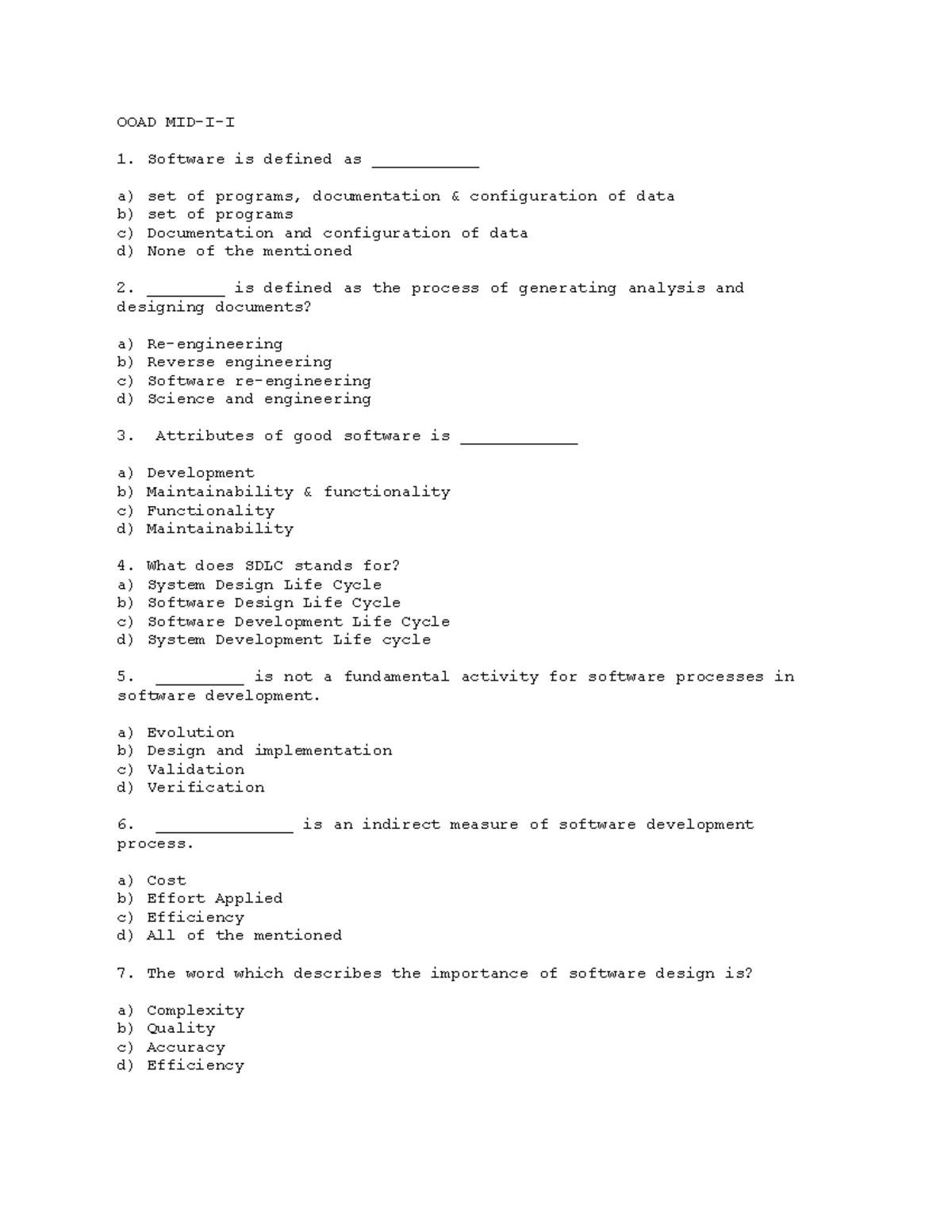 Ooad-mid-bits - OOAD MID-I-I Software is defined as ___________ a) set of programs ...