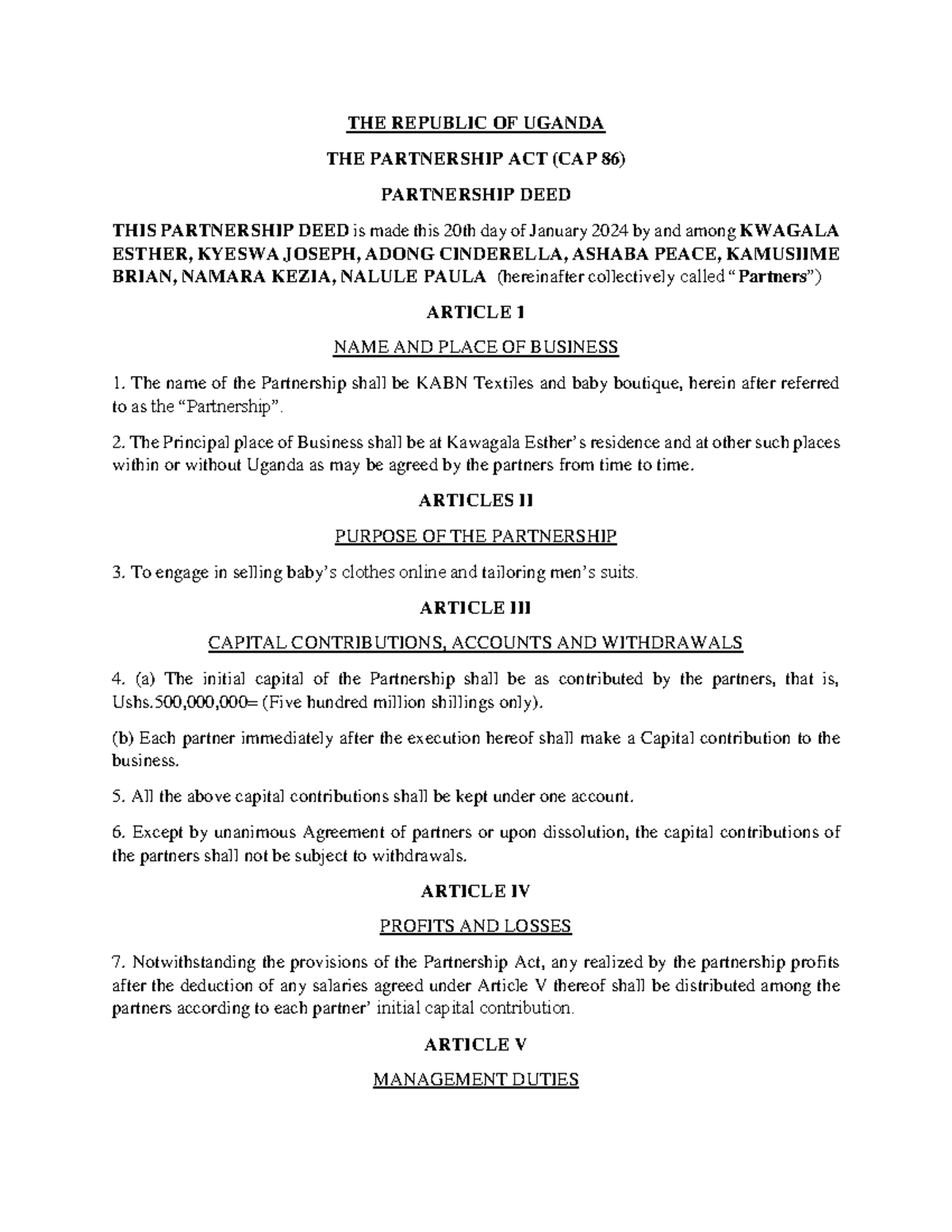 Partnership DEED - THE REPUBLIC OF UGANDA THE PARTNERSHIP ACT (CAP 86 ...