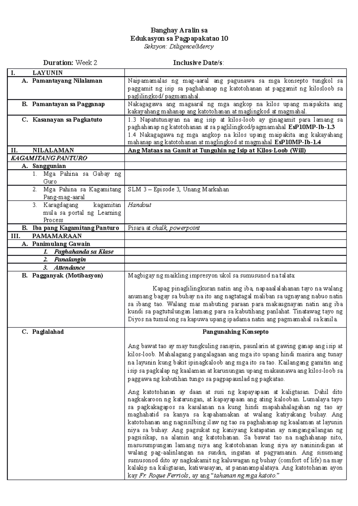 LESSON PLAN ESP 10 WEEK 2 LP - Banghay Aralin sa Edukasyon sa ...