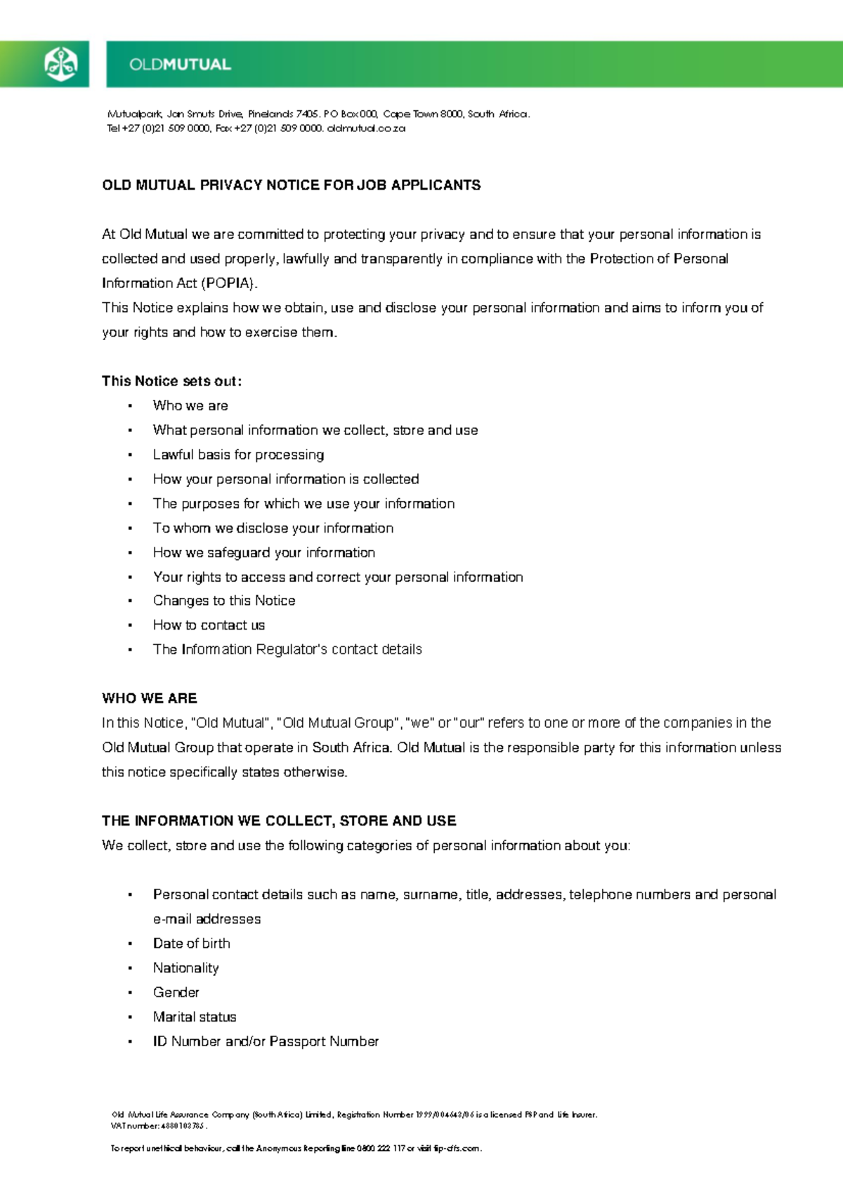 Privacy Policy for Applicants - Mutualpark, Jan Smuts Drive, Pinelands ...