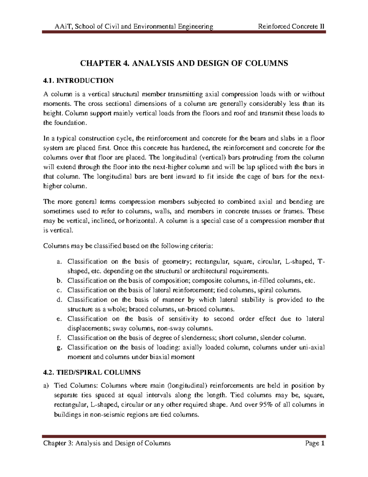 Rc-2 2015-16 chapter-4-lecture-note - CHAPTER 4. ANALYSIS AND DESIGN OF COLUMNS 4. INTRODUCTION ...