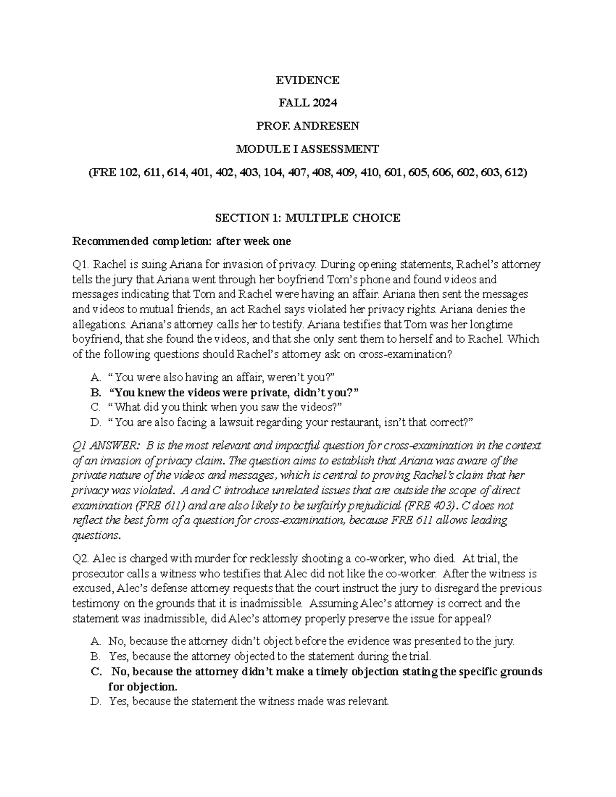 Evidence Fall 24 - Module I - w Answers - EVIDENCE FALL 2024 PROF ...