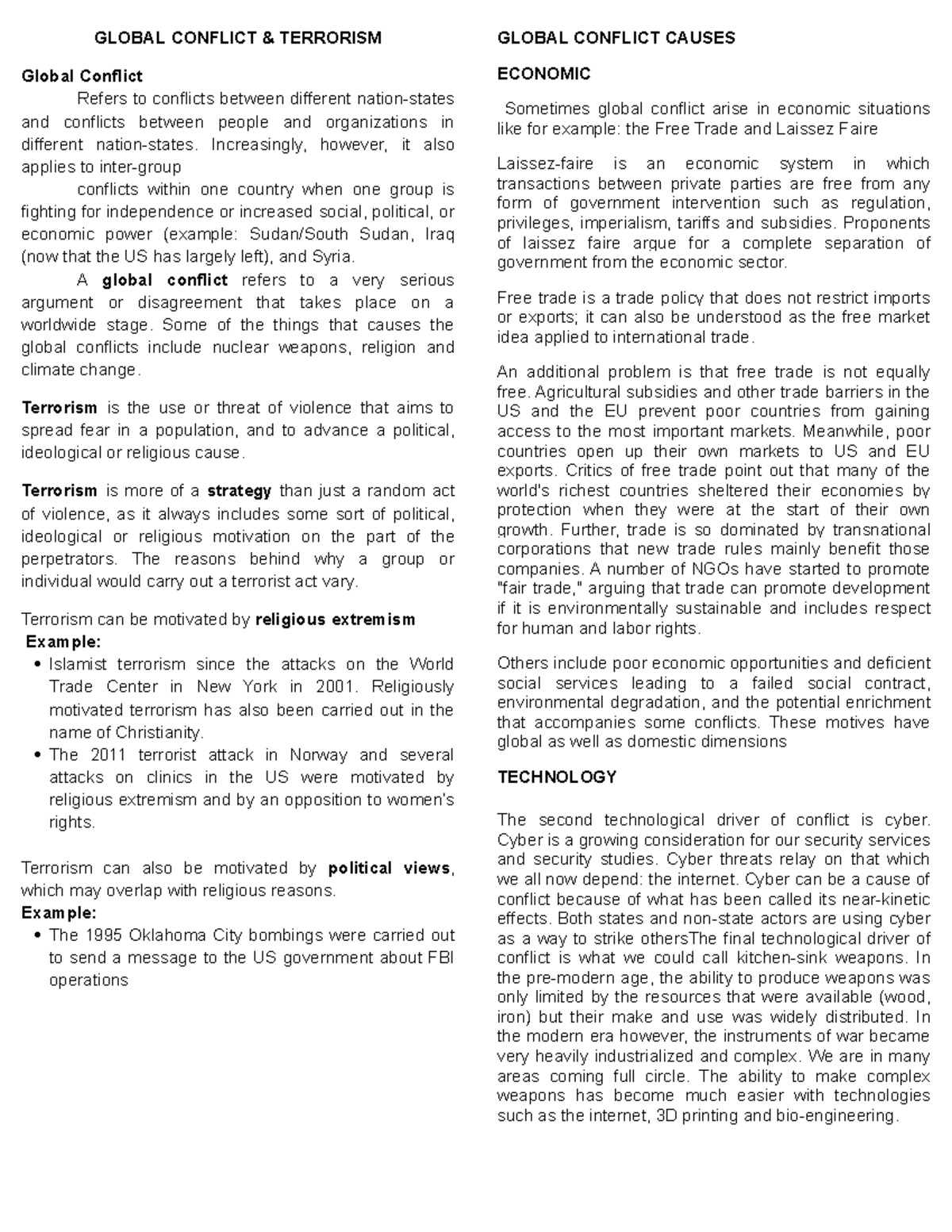 Global- Conflict - Lecture notes 1 - GLOBAL CONFLICT & TERRORISM Global ...