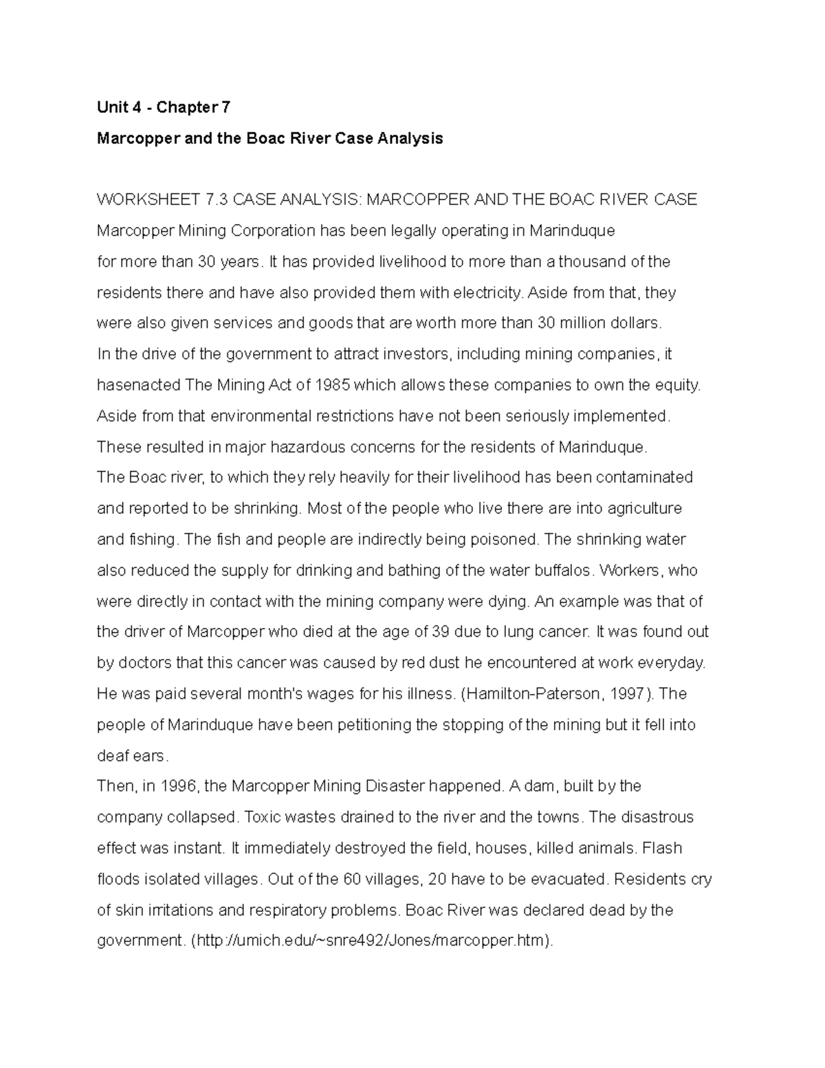 Marcopper and the Boac River Case Analysis - Unit 4 - Chapter 7 ...