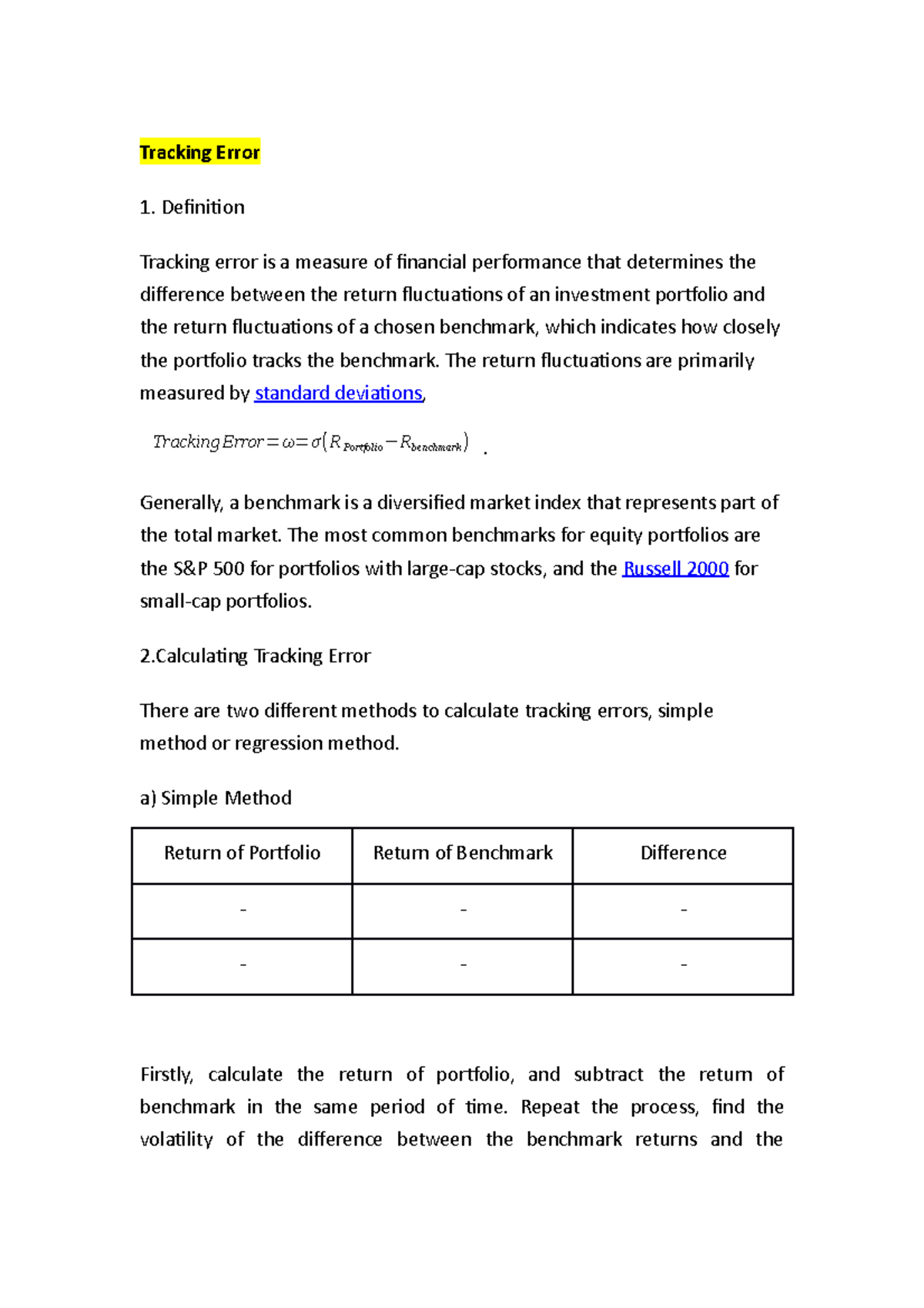 PTM Revision - Summary Portfolio Theory & Management III - Tracking ...