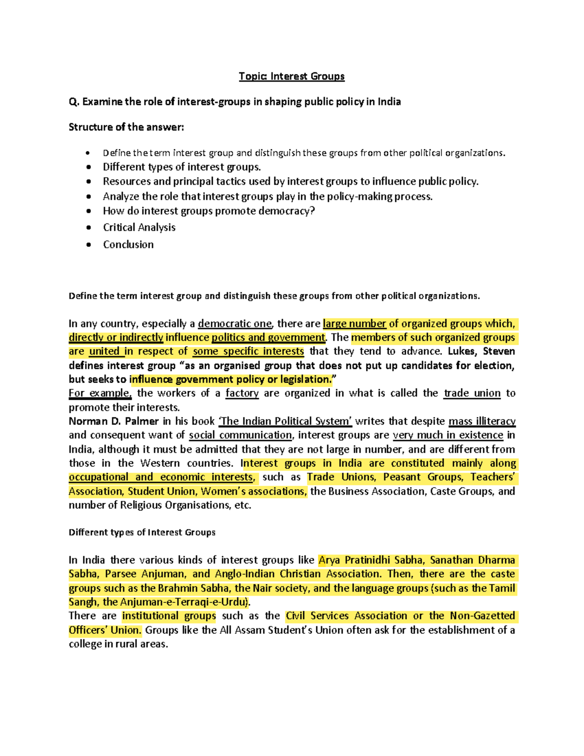 Dr. VB -Interest Groups - Topic: Interest Groups Q. Examine the role of ...
