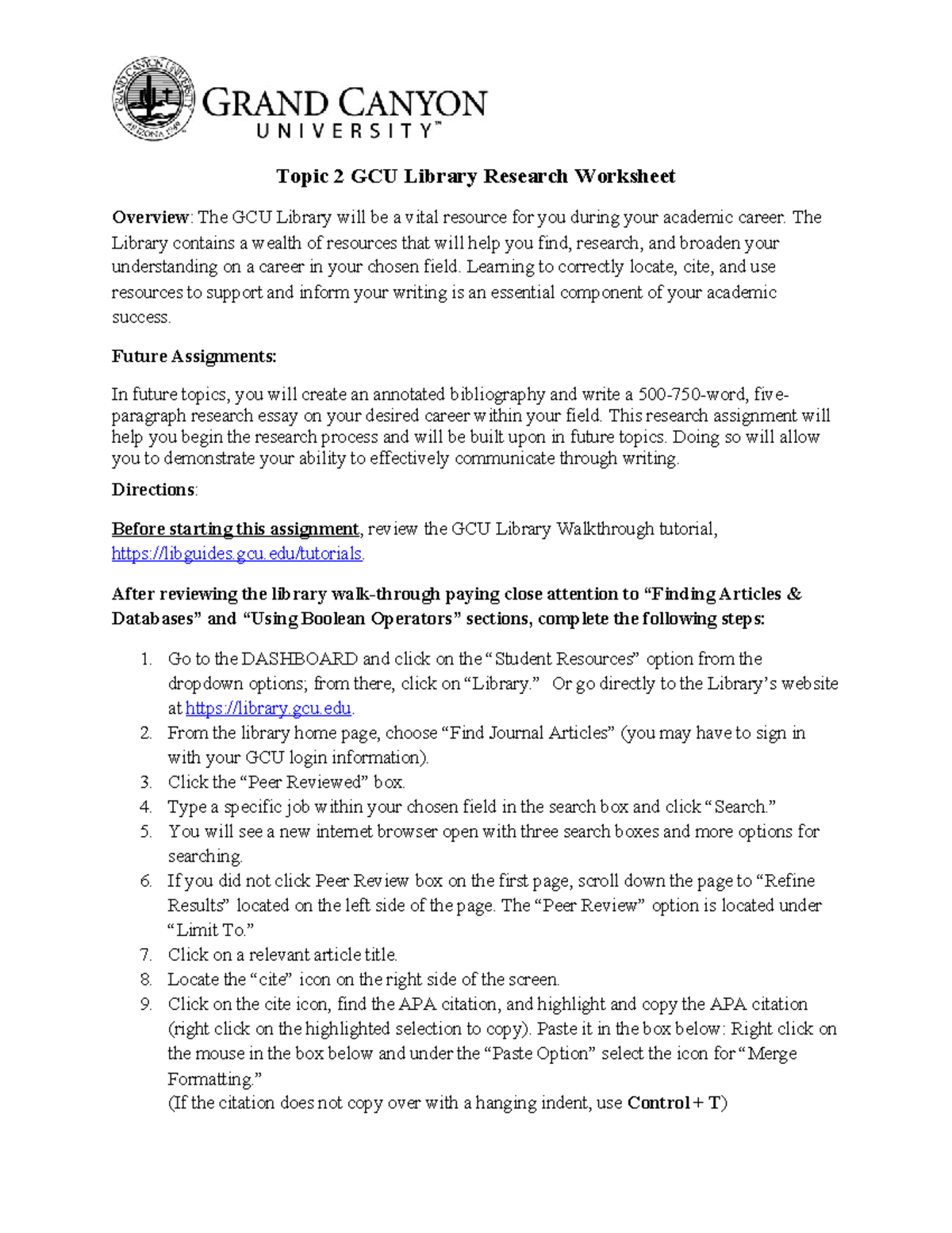GCU Library Research Assignment - Topic 2 GCU Library Research ...