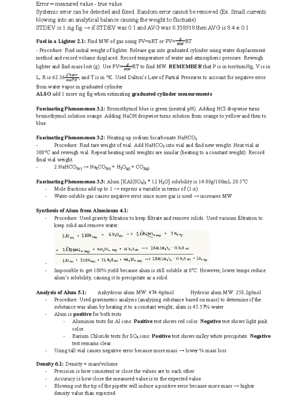 CHEM 150L Final Notecard - Error = measured value - true value Systemic error can be detected ...