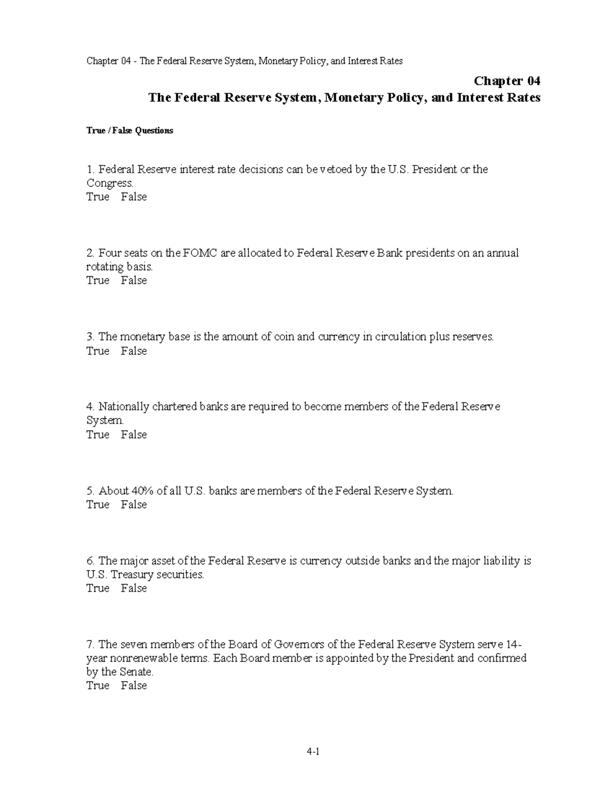 Chap004 solution manual financial markets and institutions - Chapter 04 The Federal Reserve ...