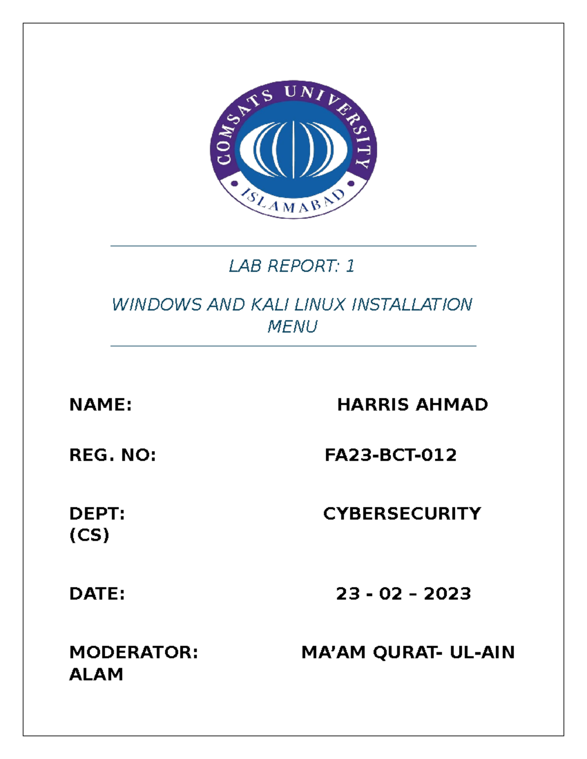 DLD Lab Manual 1 - LAB REPORT: 1 WINDOWS AND KALI LINUX INSTALLATION ...