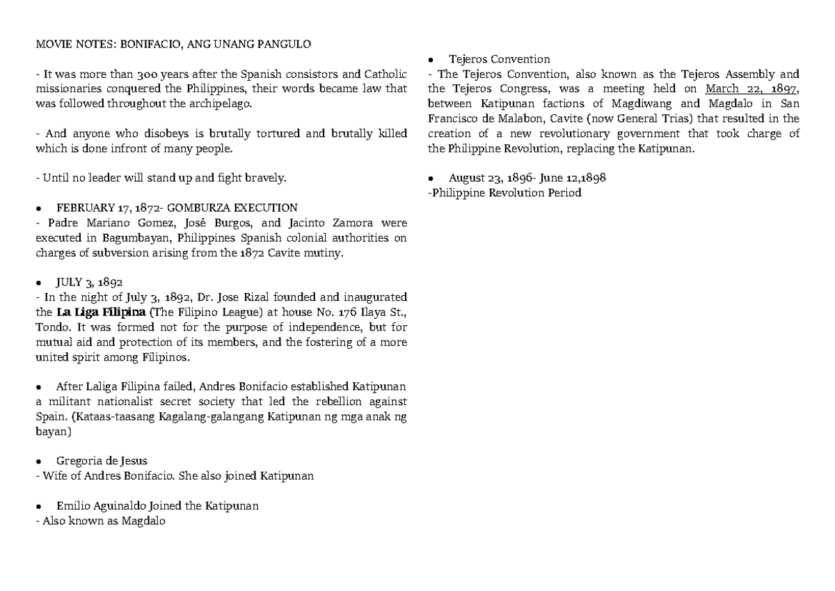 Philippine History Chapter 7 and 8 Reviewer - MOVIE NOTES: BONIFACIO ...