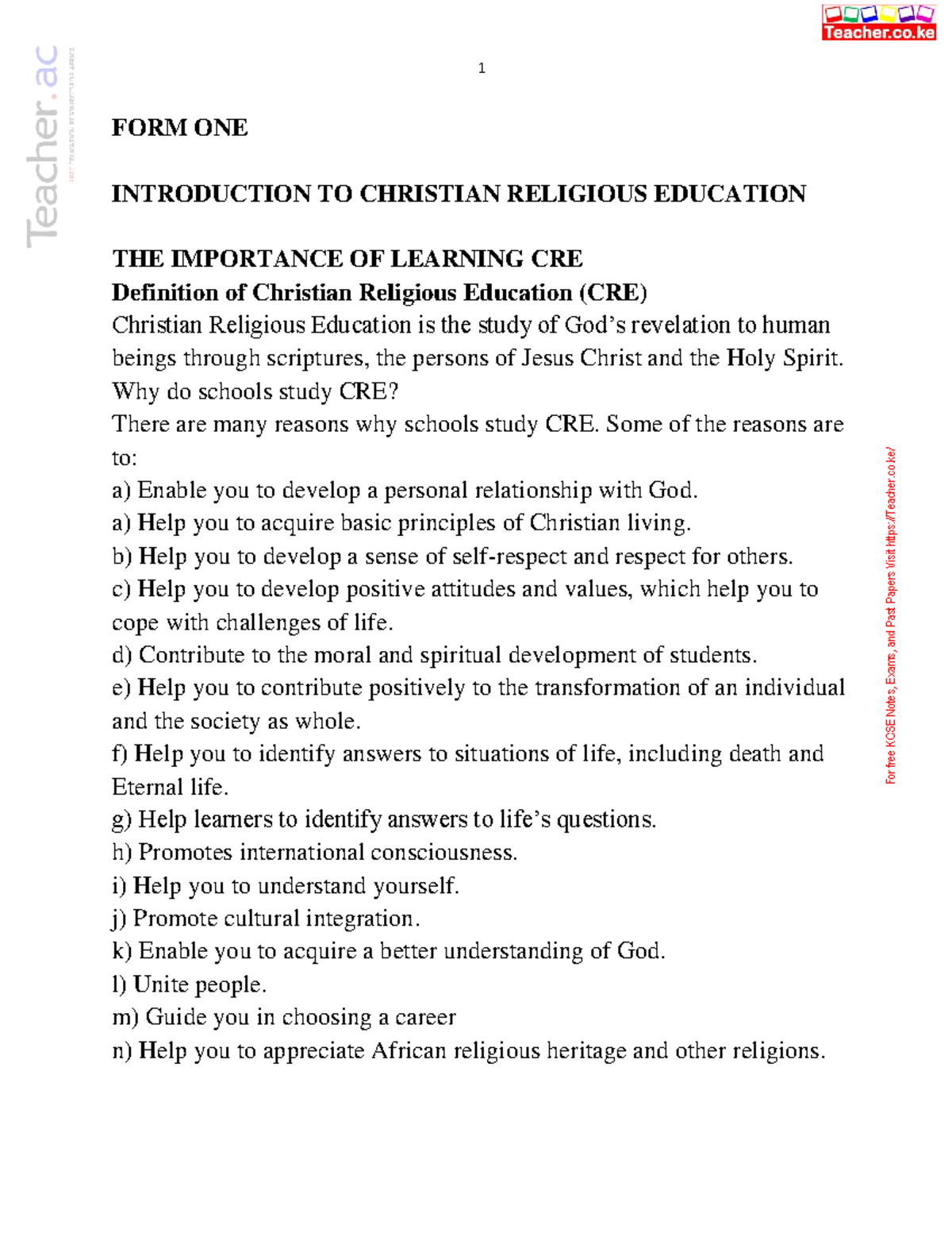 CRE Notes Form 1 4 Booklet Teacher - FORM ONE INTRODUCTION TO CHRISTIAN ...