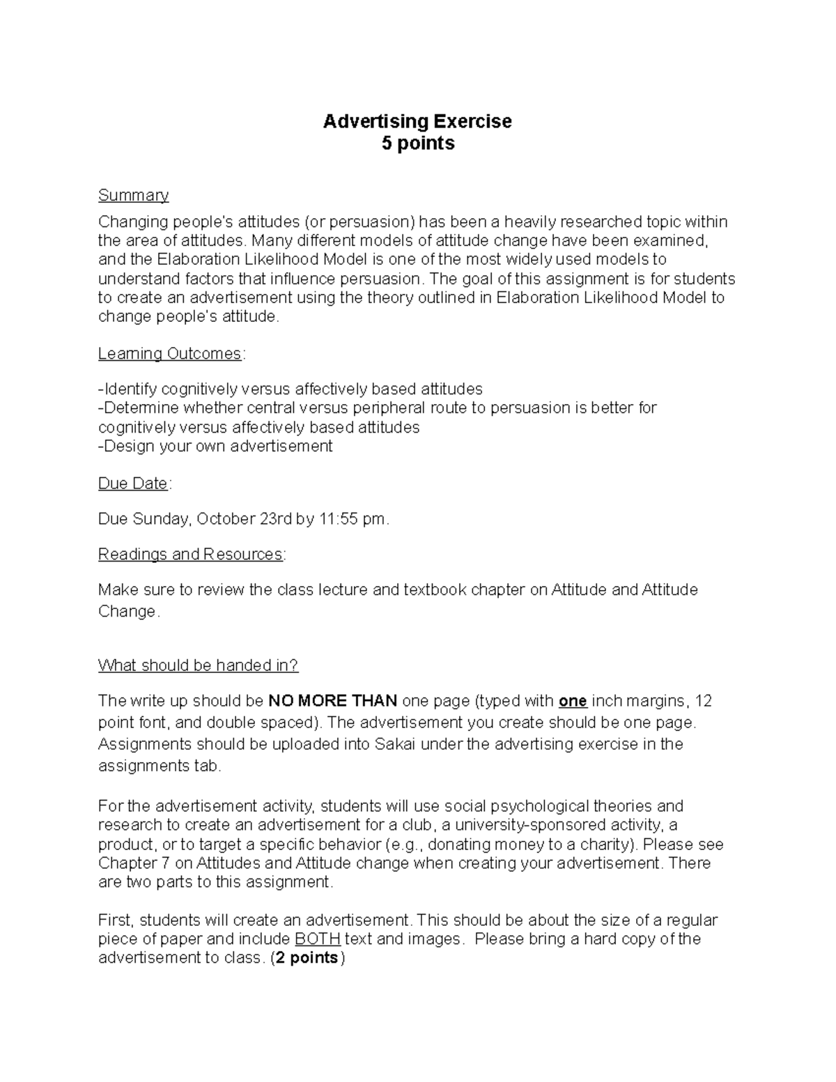 Advertising Assignment - Advertising Exercise 5 points Summary Changing ...