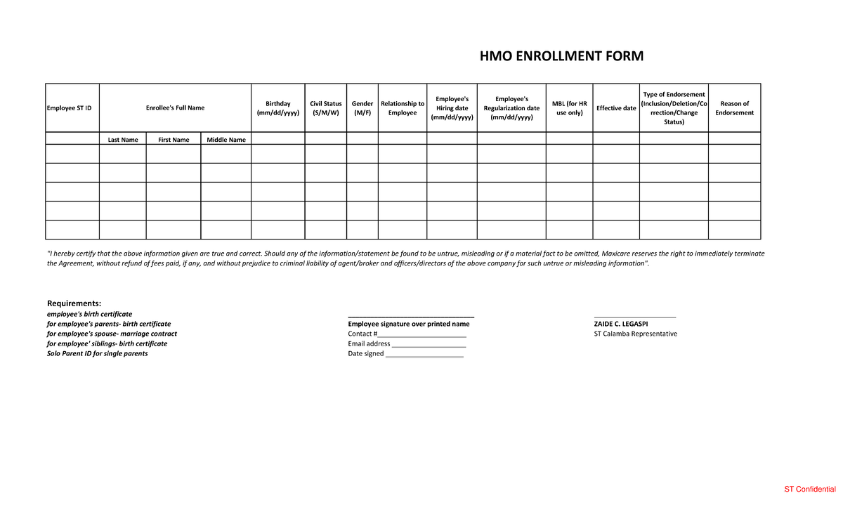 Maxicare-enrollment-form - HMO ENROLLMENT FORM Employee ST ID Birthday ...
