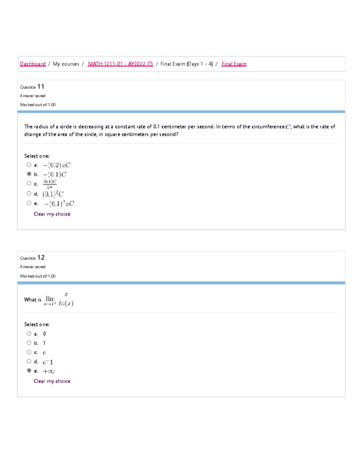 MATH 1211-01 Calculus - AY2022-T5 Final Exam (100%)2 - Question 11 Answer saved Marked out of 1 ...