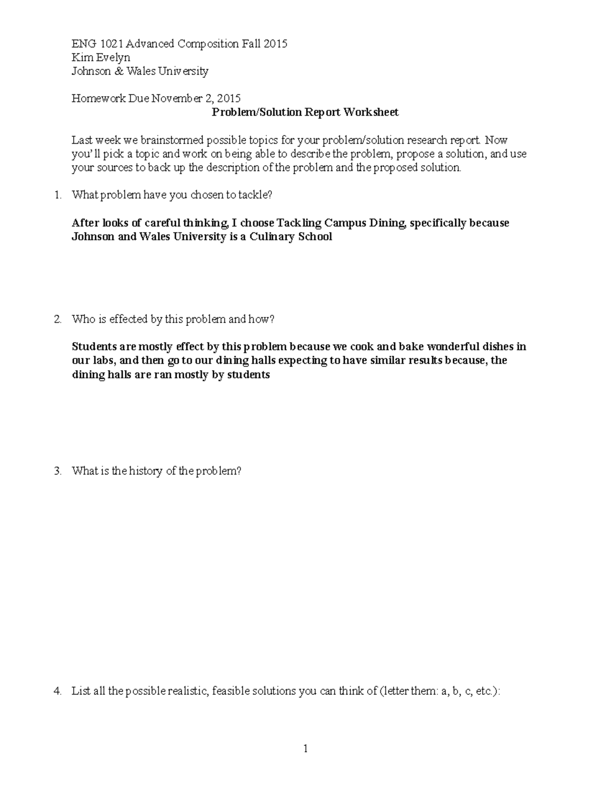 Problem and Solution Report Worksheet - ENG 1021 Advanced Composition ...