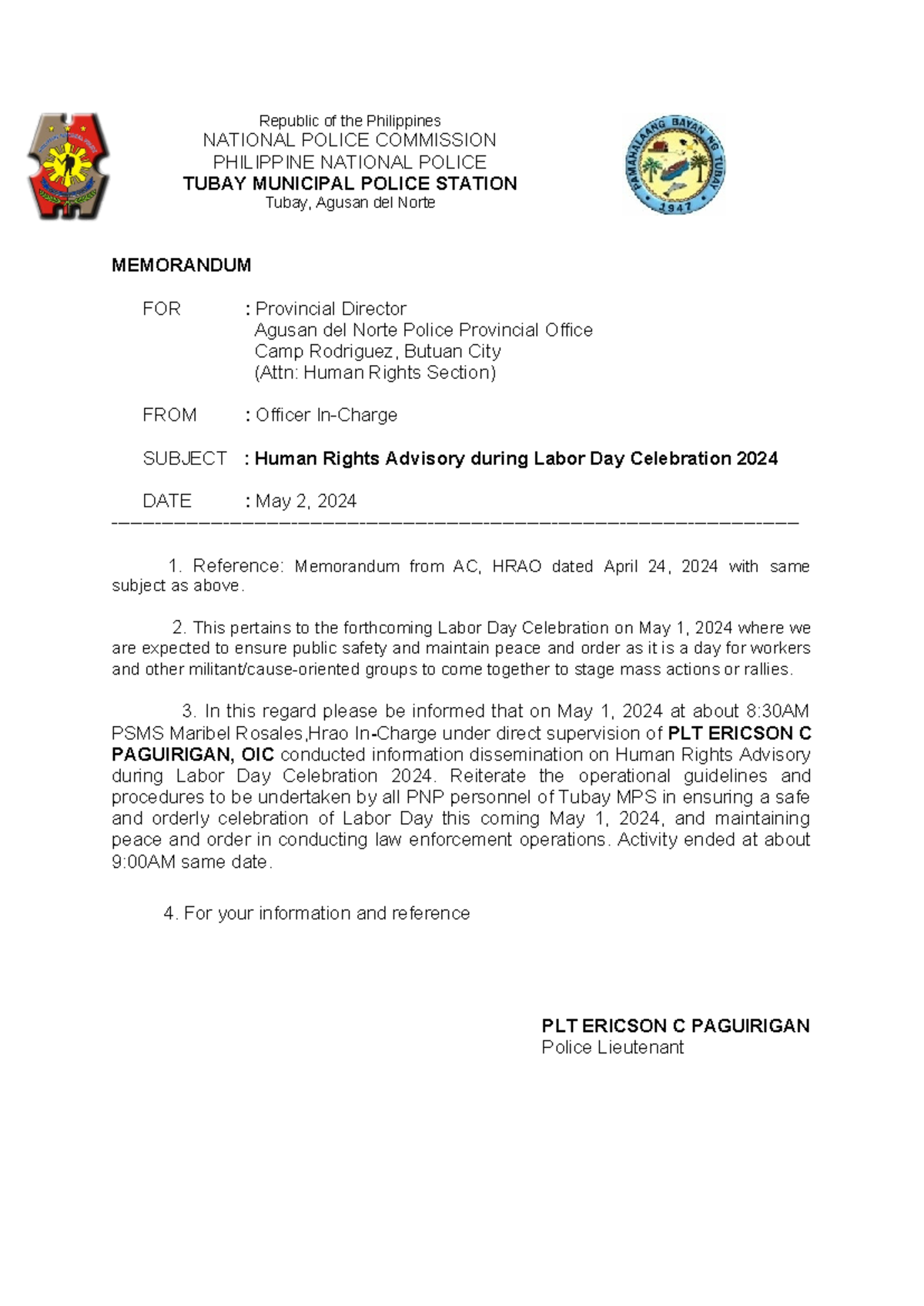 TMPS AAR re Human Rights Advisory during Labor Day Celebration 2024 ...