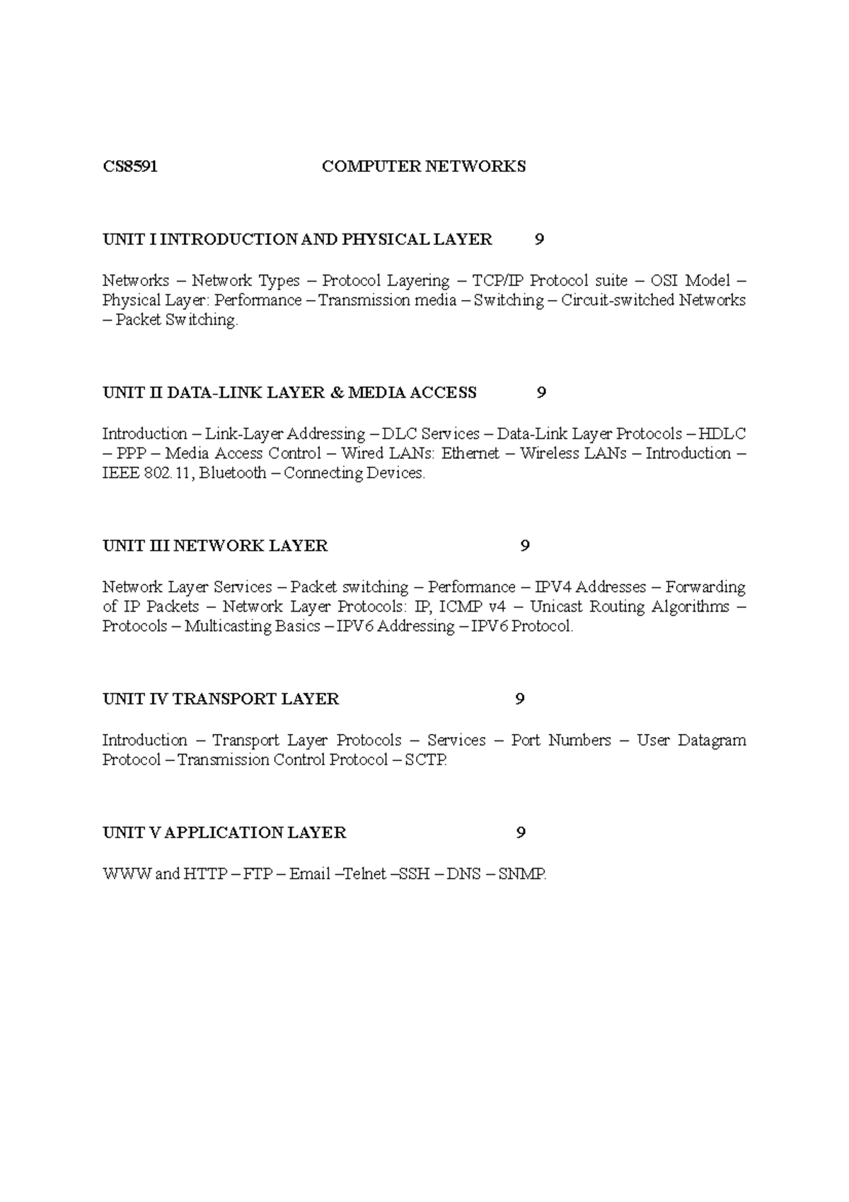 Cn Syllabus Cs8591 Computer Networks Unit I Introduction And Physical Layer 9 Networks