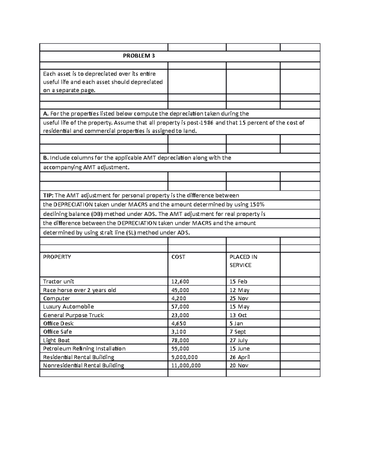 DEPR PROJ3 F22 - Depreciation Project - PROBLEM 3 Each asset is to depreciated over its ...