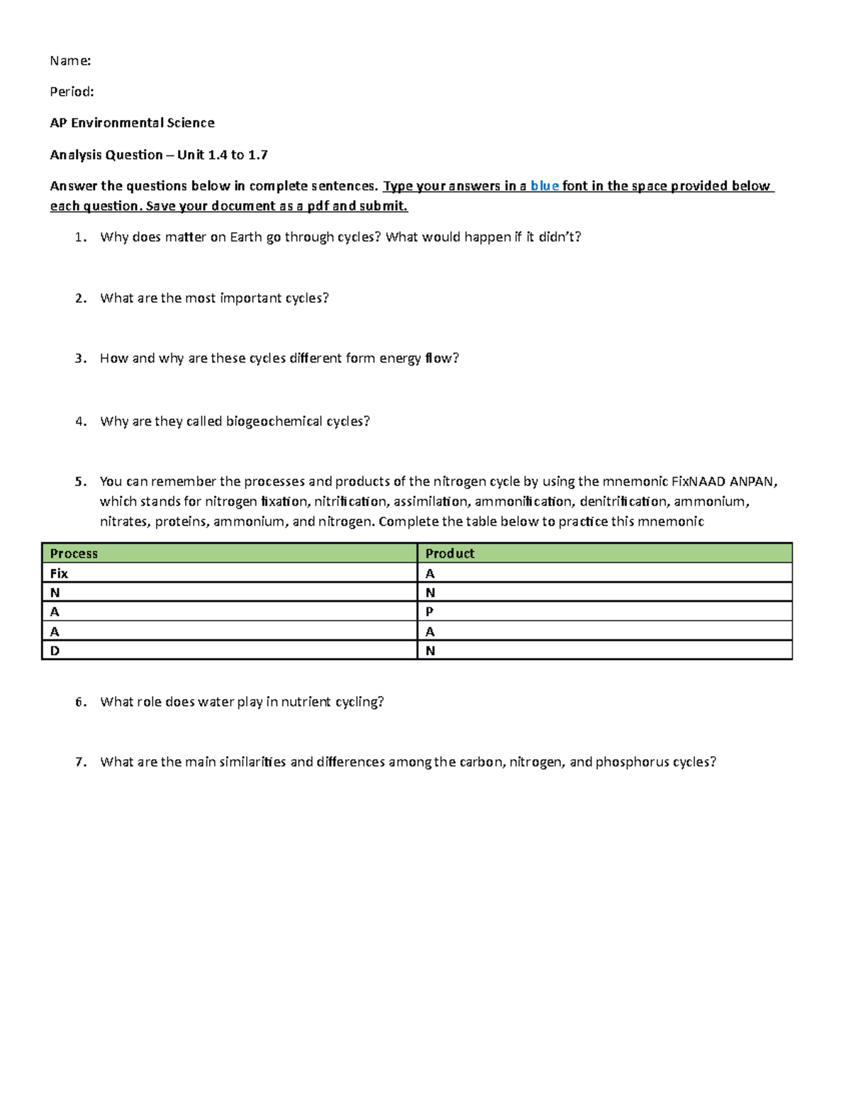 Analysis Questions - Unit 1.4 to 1.7 - Name: Period: AP Environmental ...