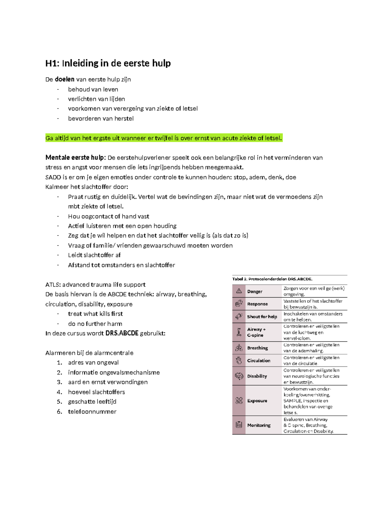 Eerste Hulp Onderwijs Samenvatting 2024 - H1: Inleiding in de eerste ...