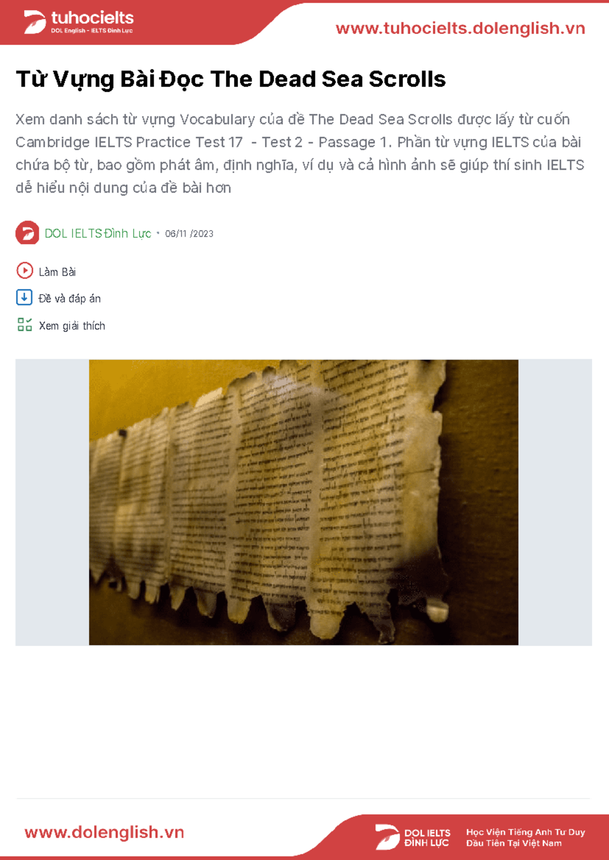 The Dead Sea Scrolls - Reading IELTS - DOL IELTS Đình Lực Từ Vựng Bài ...