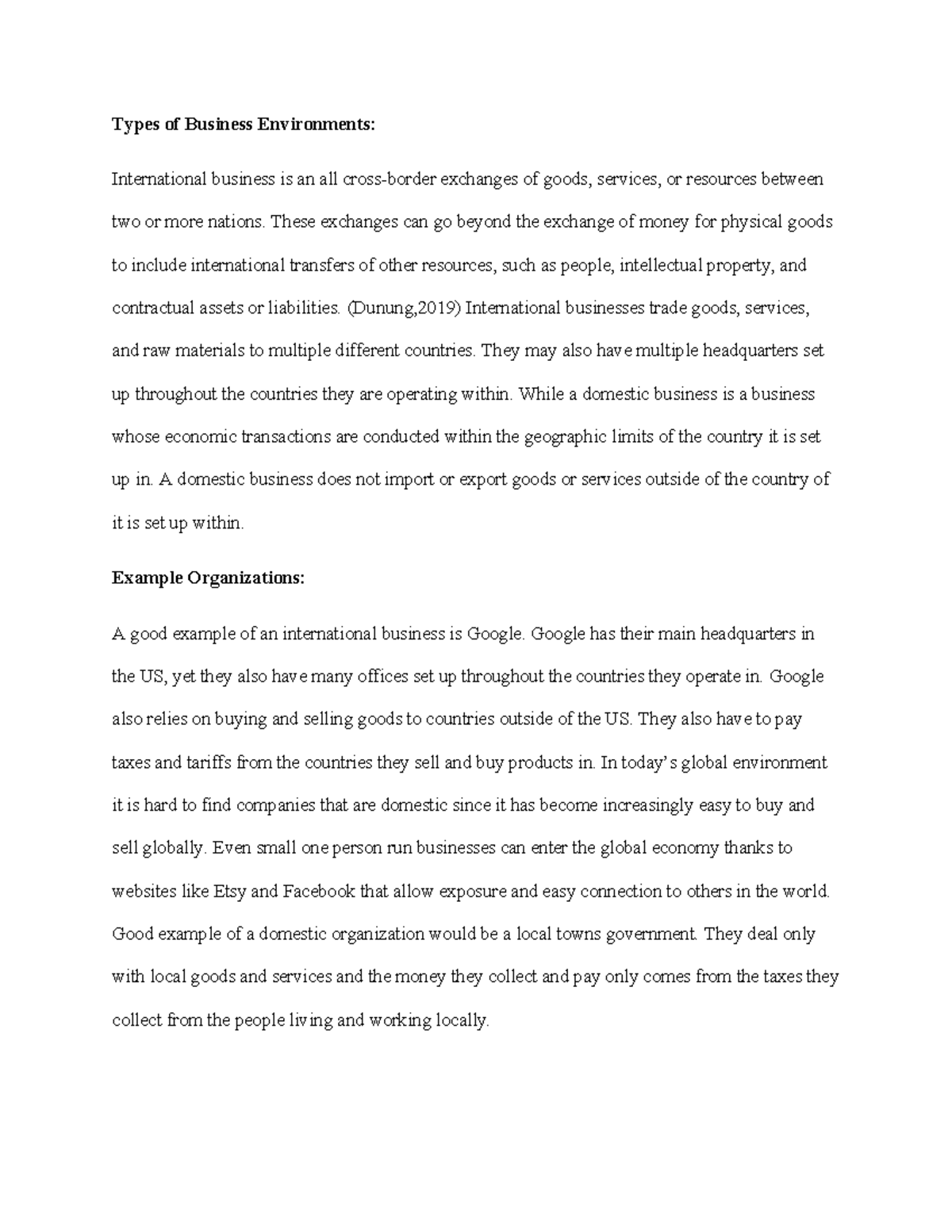 Int 220 mod 1 assignment - Types of Business Environments ...