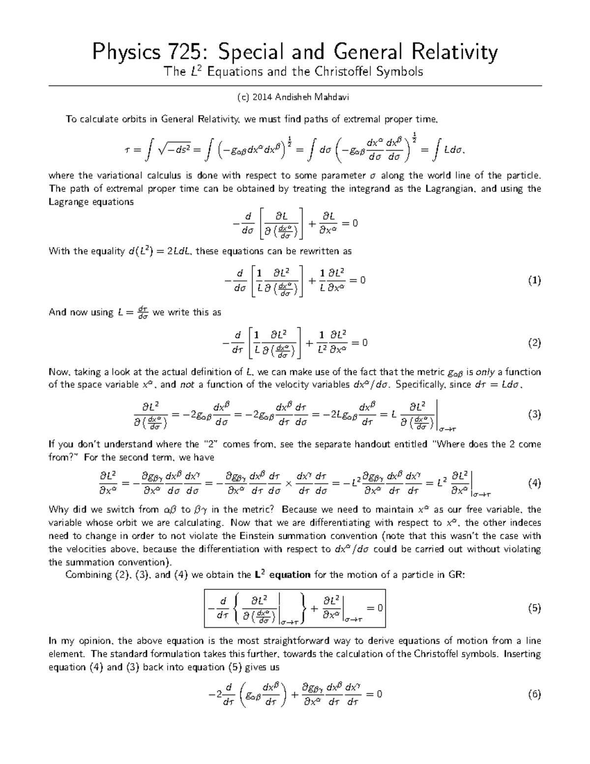 Lsq - Handout: The L2 Equations and the Christoffel Symbols - Physics ...