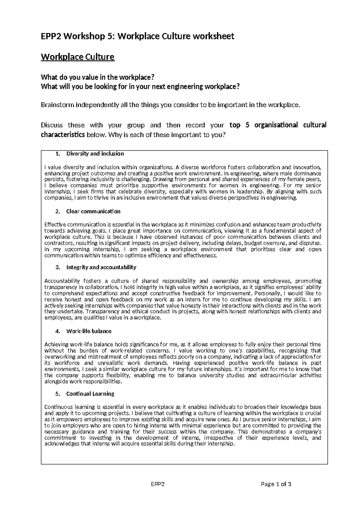 EPP2 Workshop 5 Worksheet (002) - EPP2 Workshop 5: Workplace Culture ...