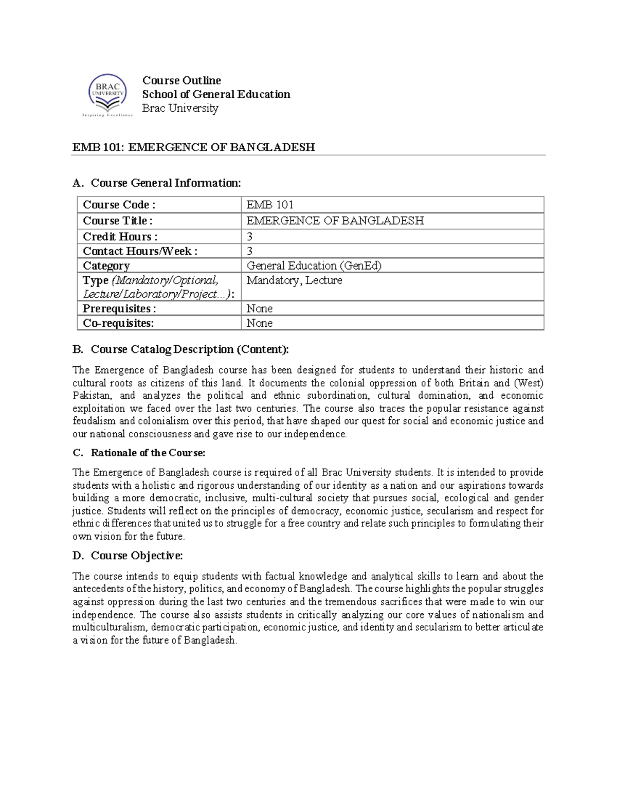 (Student Version) EMB101 Spring 2023 OBE Course Outline January 19-1 ...