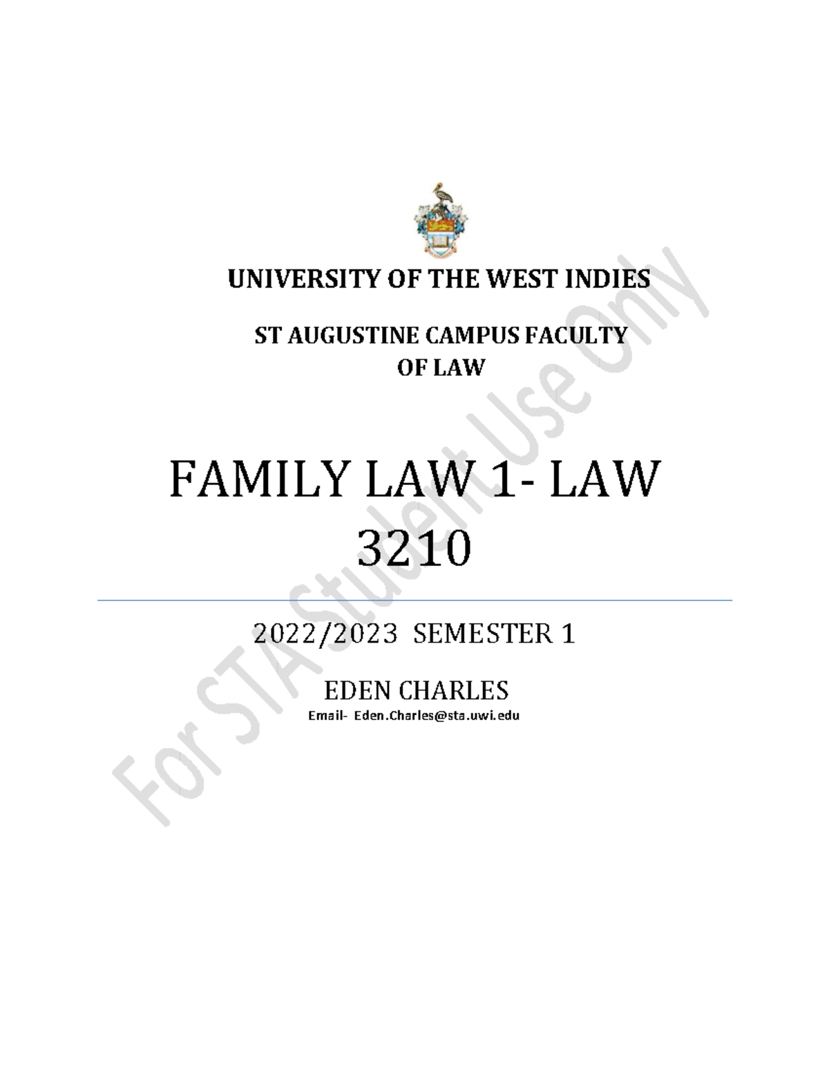 Law 3210- Family Law Worksheet 1 - UNIVERSITY OF THE WEST INDIES ST ...