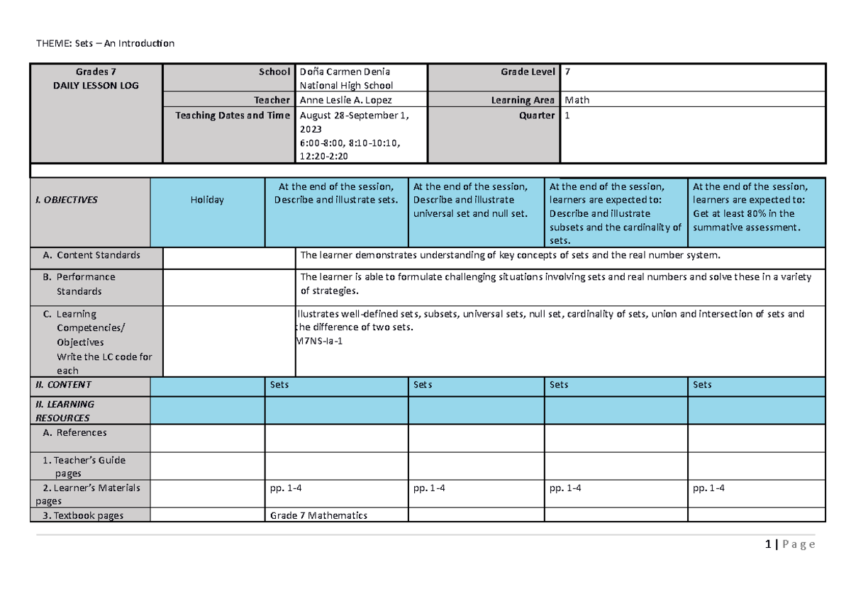 Mathematics 7 Q1 W1 - Daily Lesson Log - Grades 7 DAILY LESSON LOG ...