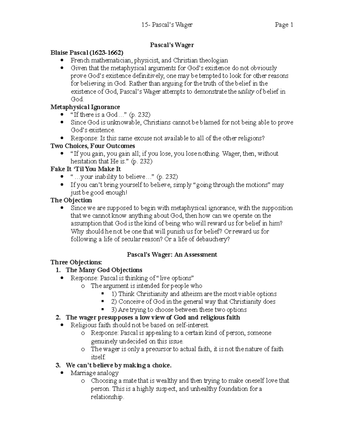 Pascal’s Wager Lecture - 15- Pascal’s Wager Page 1 Pascal’s Wager ...