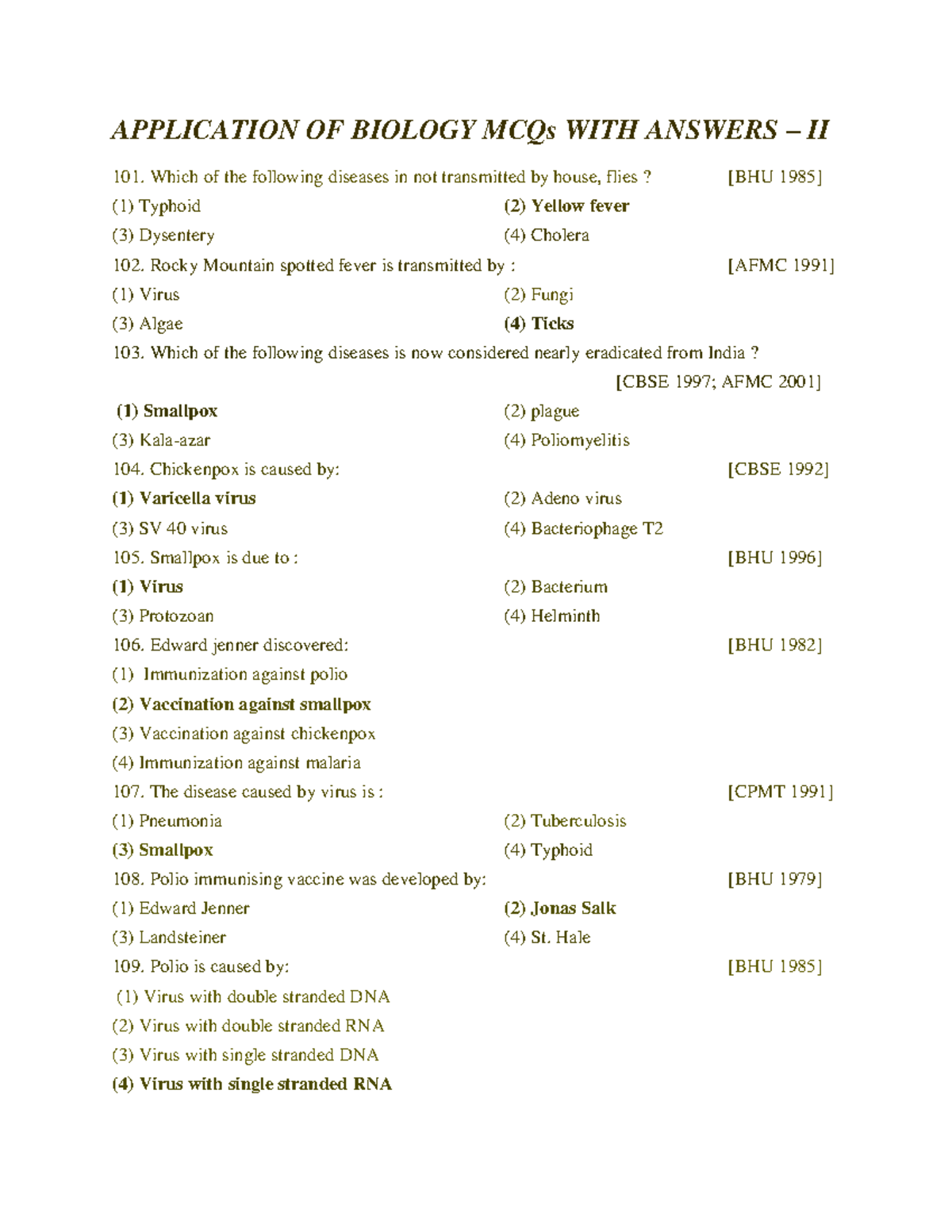 Application OF Biology MCQs WITH Answers II - APPLICATION OF BIOLOGY ...