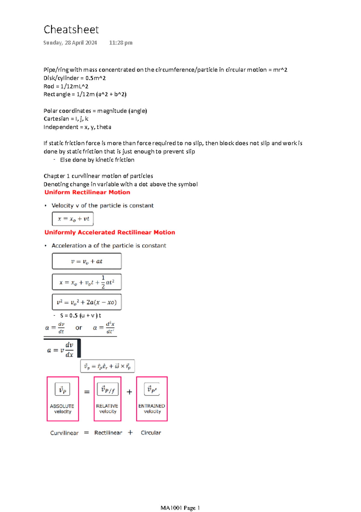 Ma1001 Cheatsheet - Summary Dynamics - Pipe/ring with mass concentrated on the - Studocu