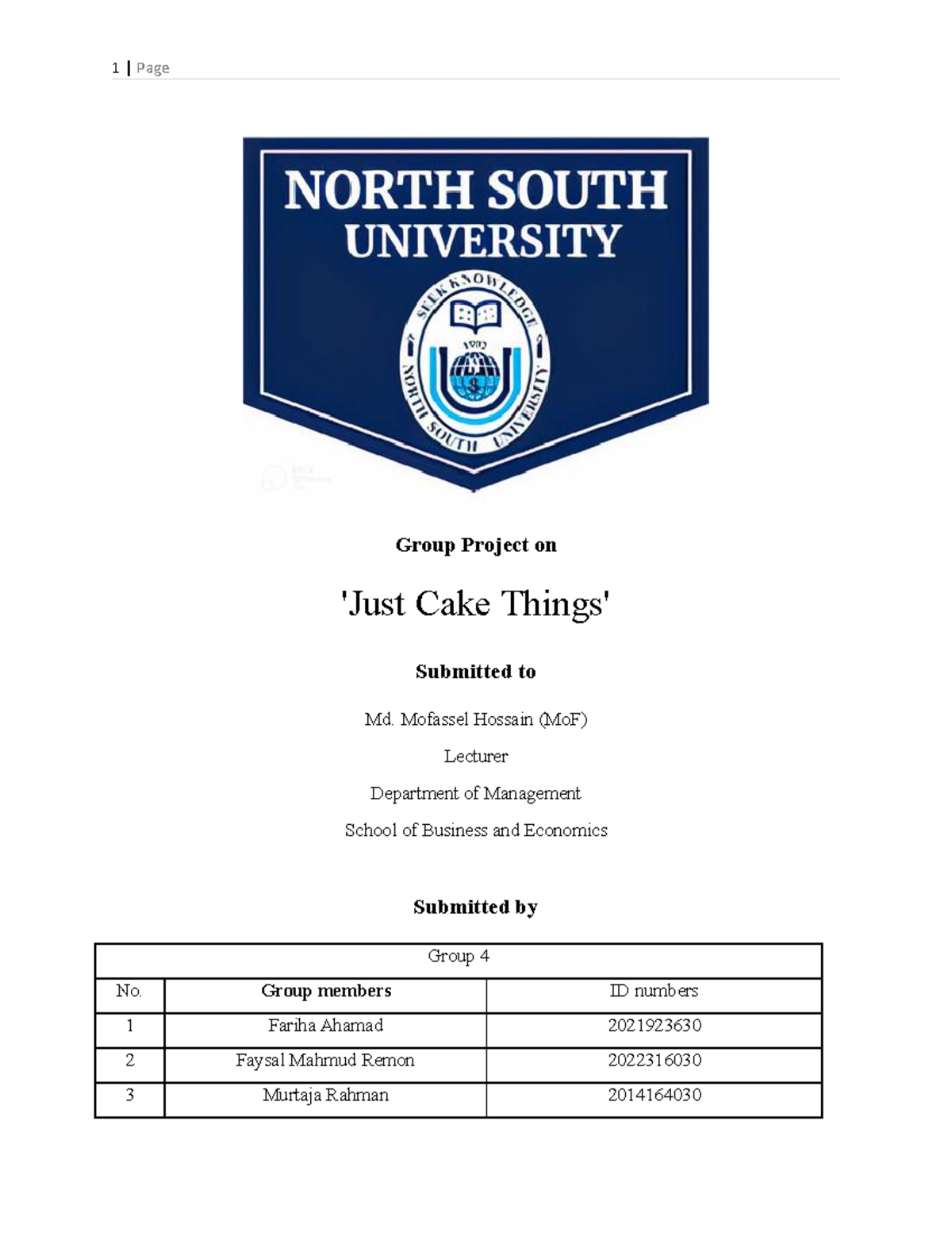 MGT314-Group-4-Final-Report-1 - Group Project on 'Just Cake Things' Submitted to Md. Mofassel ...