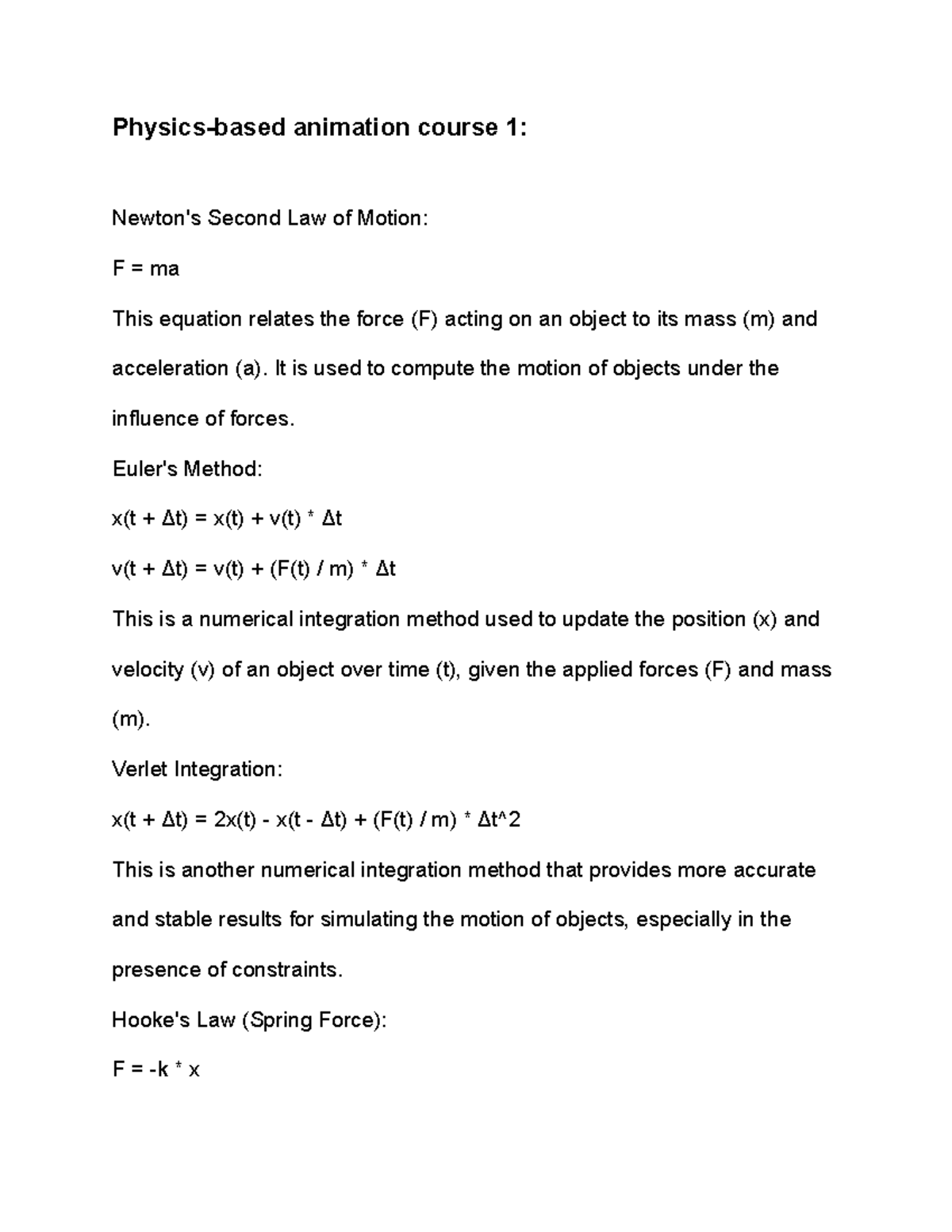Physics based animation course 1 - Physics-based animation course 1: Newton's Second Law of ...
