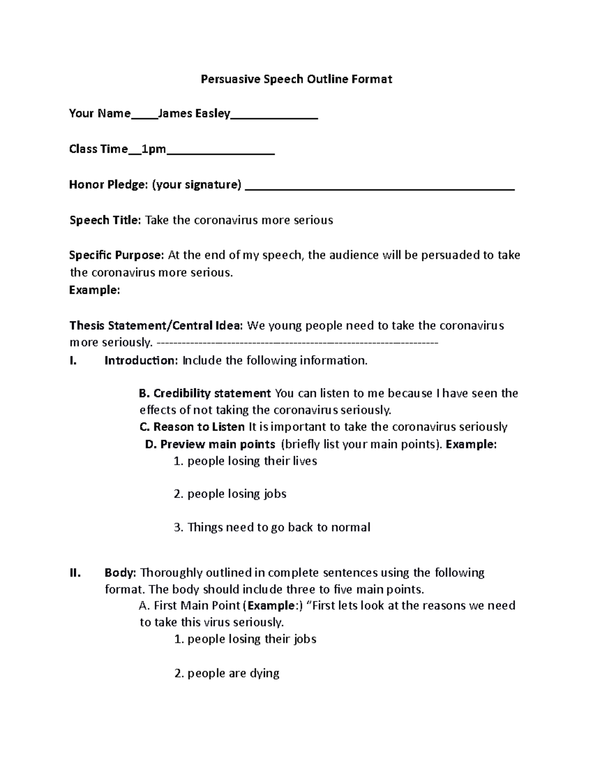 Persuade - notes - Persuasive Speech Outline Format Your Name____James ...