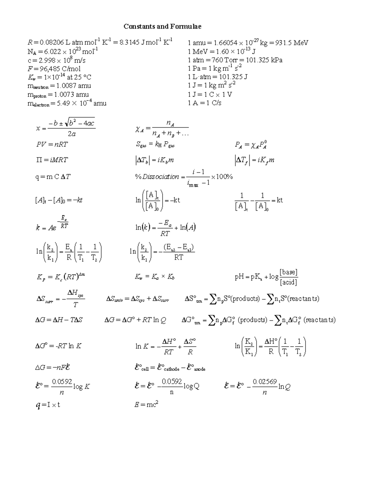 Formula Sheet Chem162 Exam 1 Constants And Formulae R 0 L Atm Mol