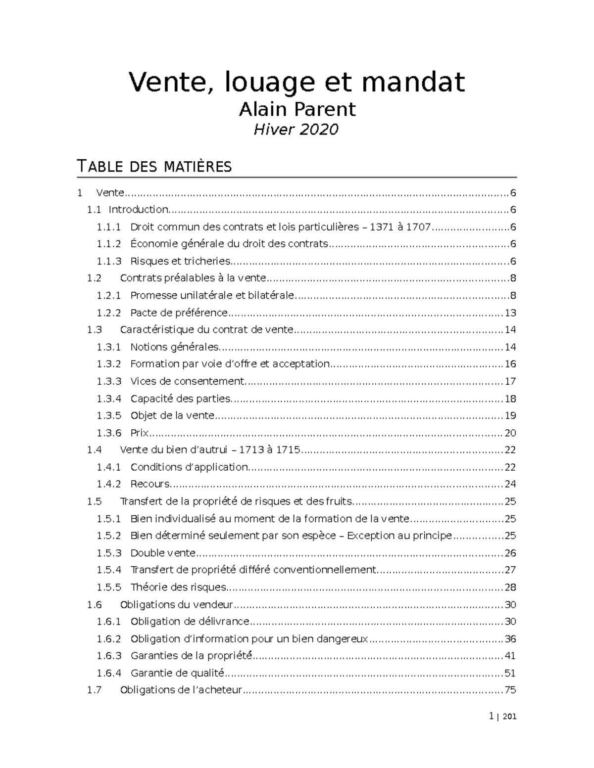 Vente, louage et mandat - Notes partie 1 - Vente, louage et mandat ...