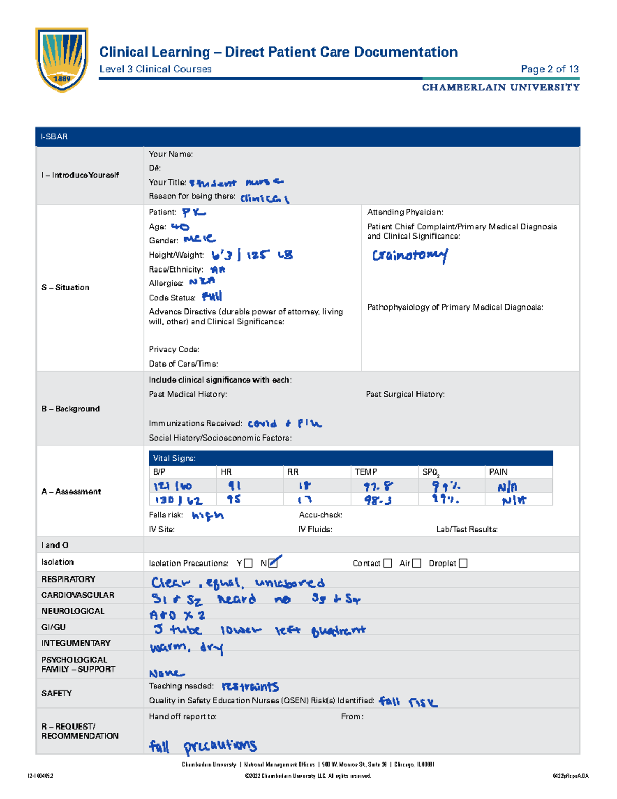 Week 6 SBAR - clinical paperwork - 12-180405 ©2022 Chamberlain ...