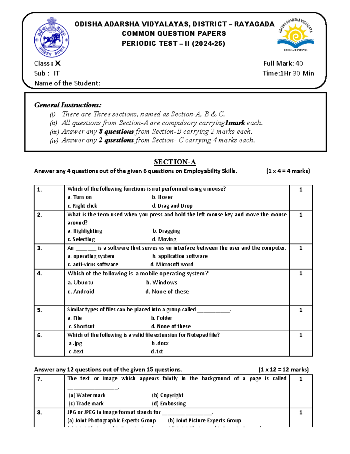 Class X PT-2 IT - Computer - ODISHA ADARSHA VIDYALAYA COMMON QUESTION ...