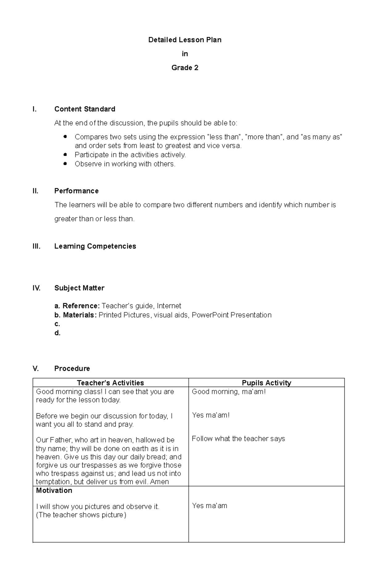 Detailed Lesson Plan - Detailed Lesson Plan in Grade 2 I. Content ...