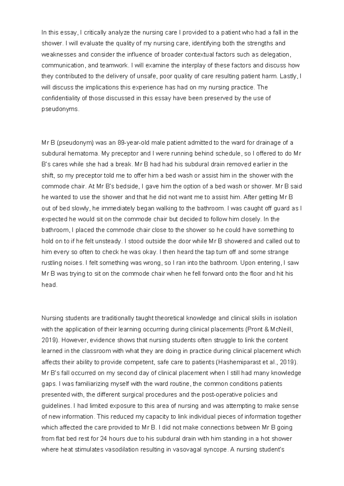 Assessment 2: Written Assignment - In this essay, I critically analyze the nursing care I ...