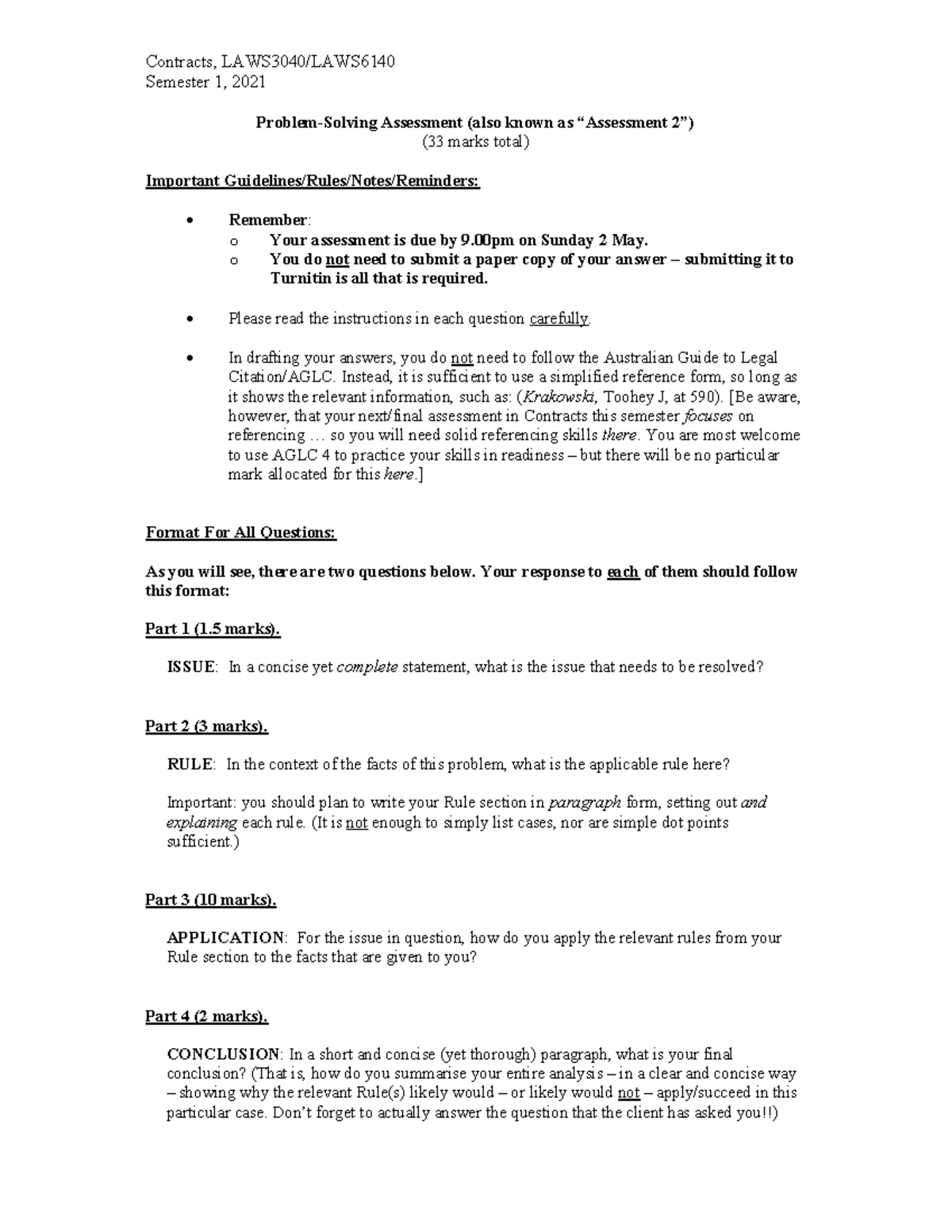 Problem Solving Assessment Instructions (Assessment 2) - Contracts, LAWS3040/LAWS Semester 1 ...