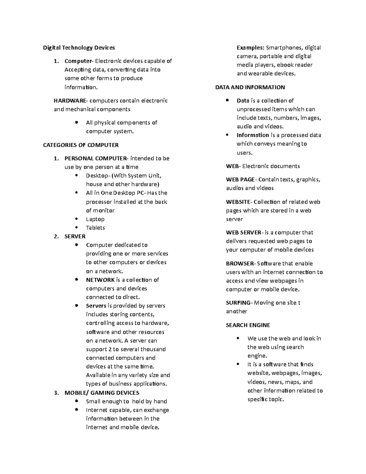 It - Lecture notes 1 - Digital Technology Devices 1. Computer ...