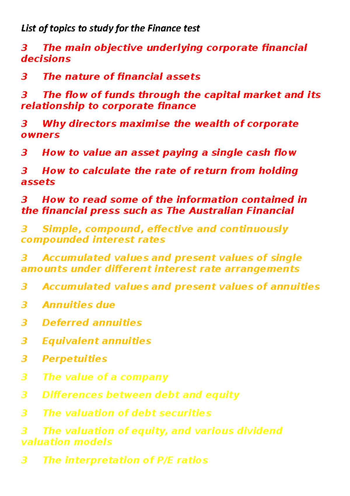List of topics to study for the Finance test 31st March - List of ...
