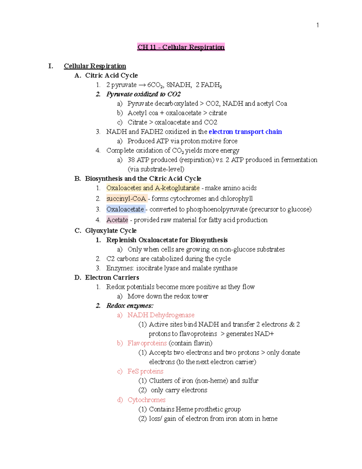 Micro exam 2 - Google Docs - CH 11 - Cellular Respiration I. Cellular ...