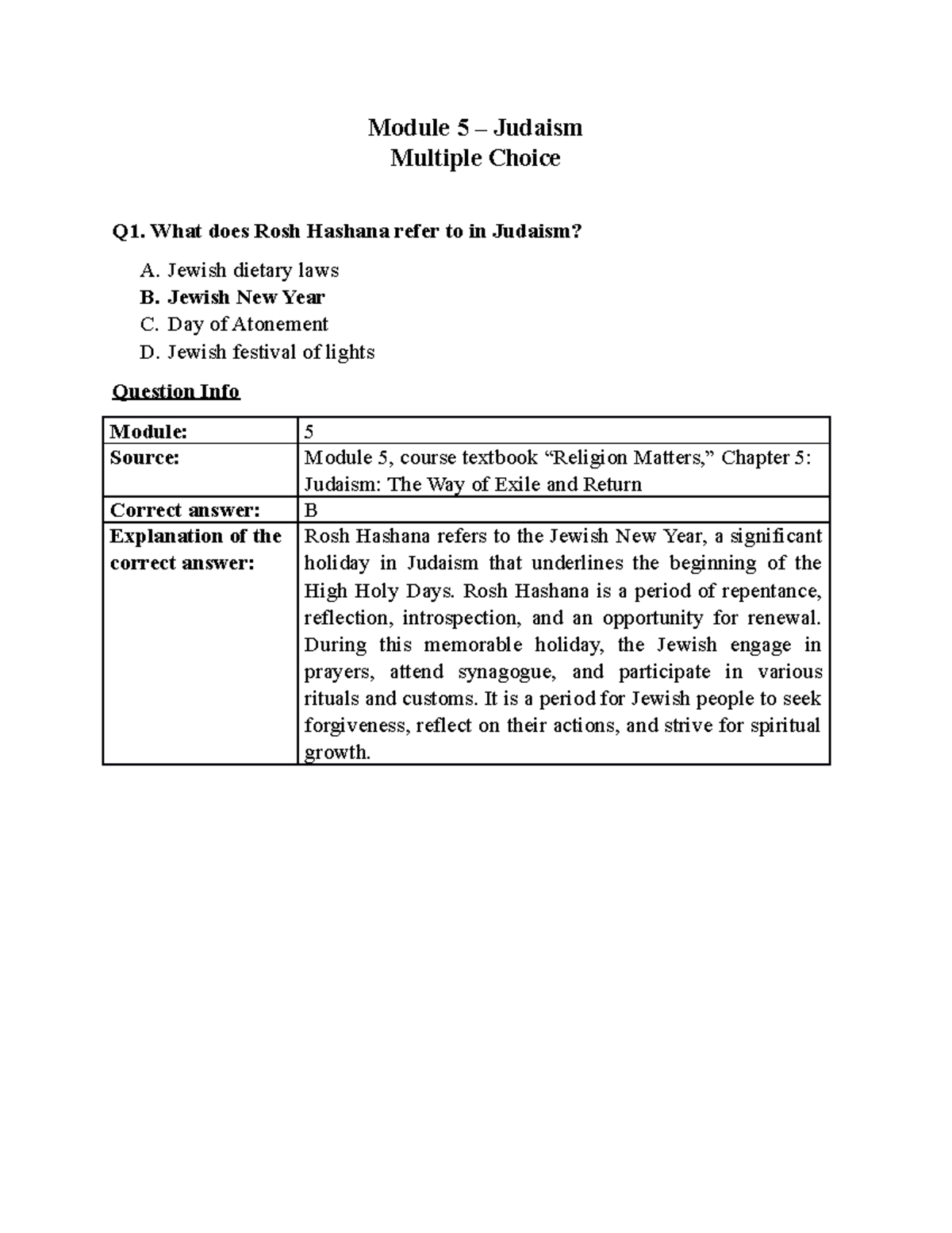 RELS131 - Module 5 MC - multiple choice assessment - Module 5 – Judaism ...