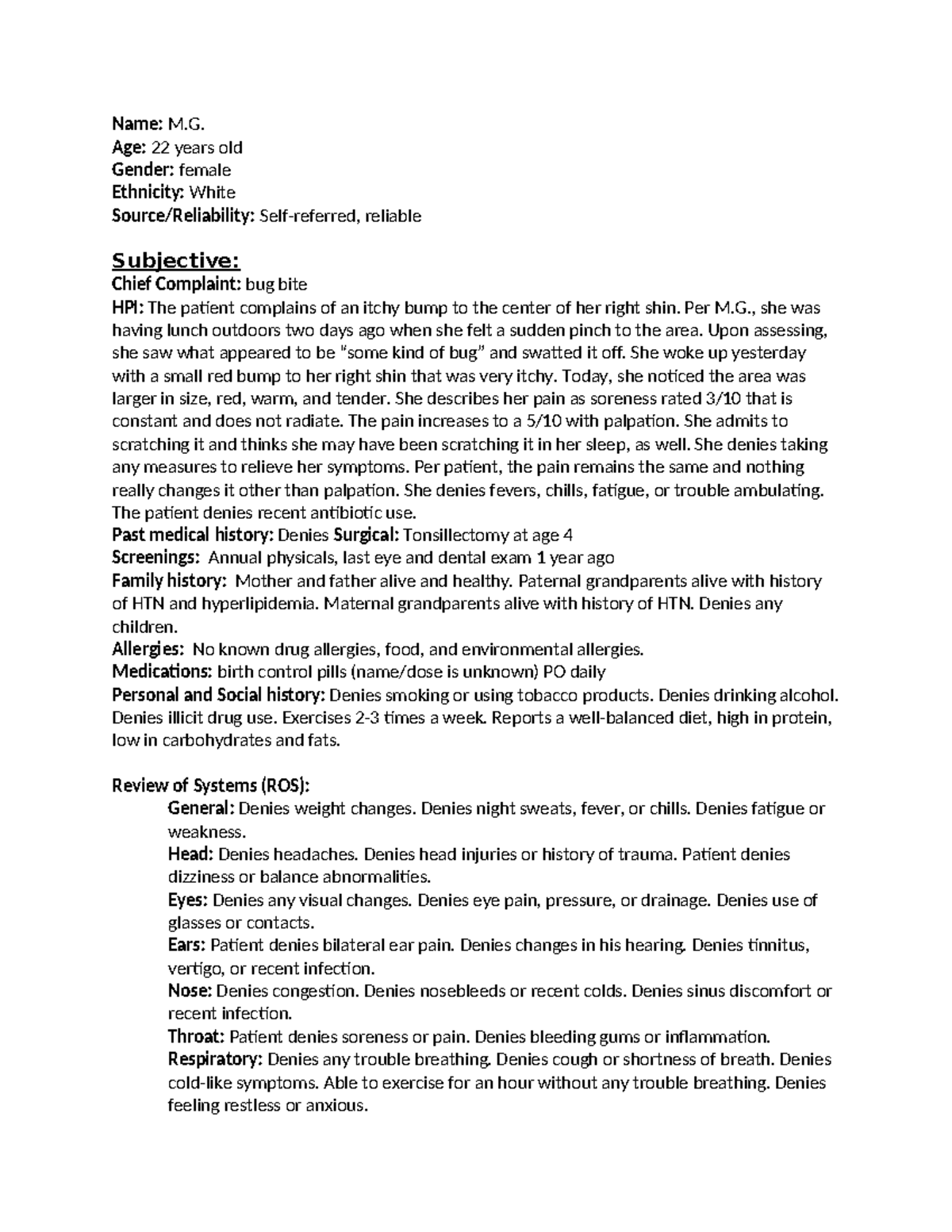 806 SOAP 5 cellulitis final - Name: M. Age: 22 years old Gender: female ...